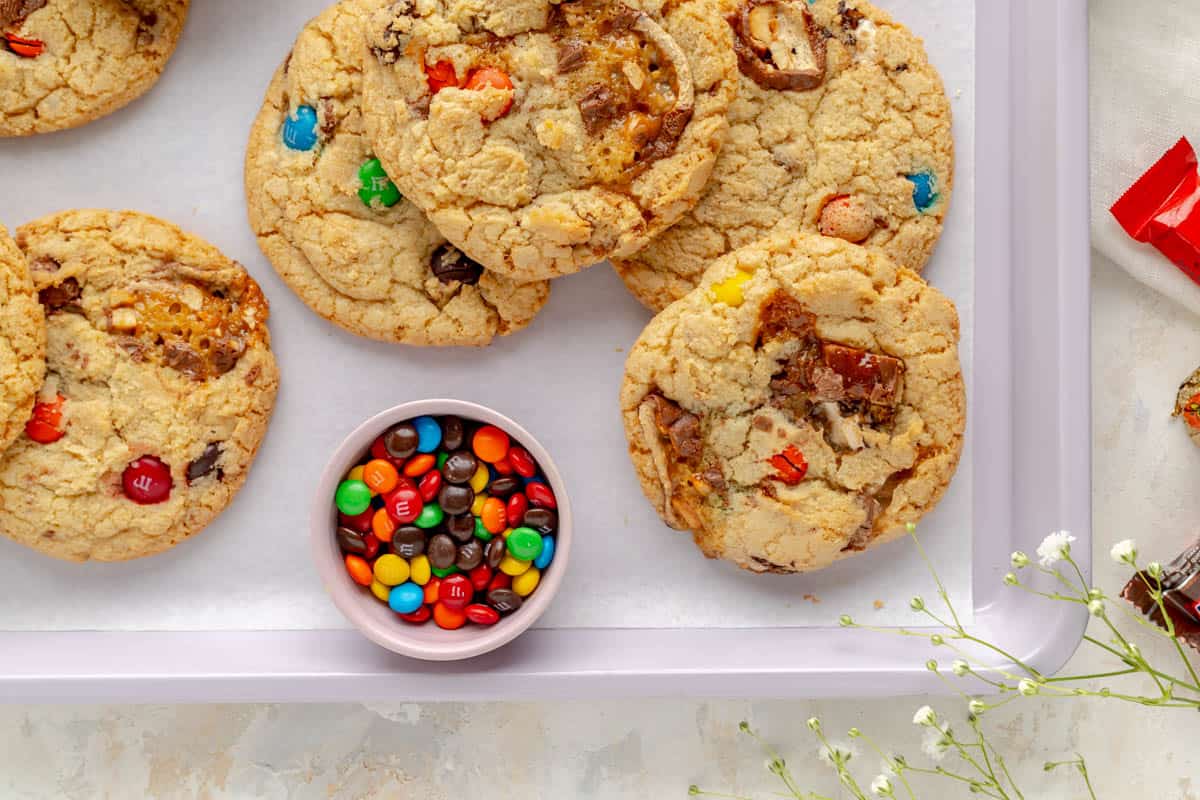 Loaded Chewy Candy Bar Cookies (with leftover Halloween candy!)